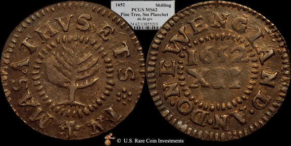 1652 Pine Tree Shilling Small Planchet PCGS MS62