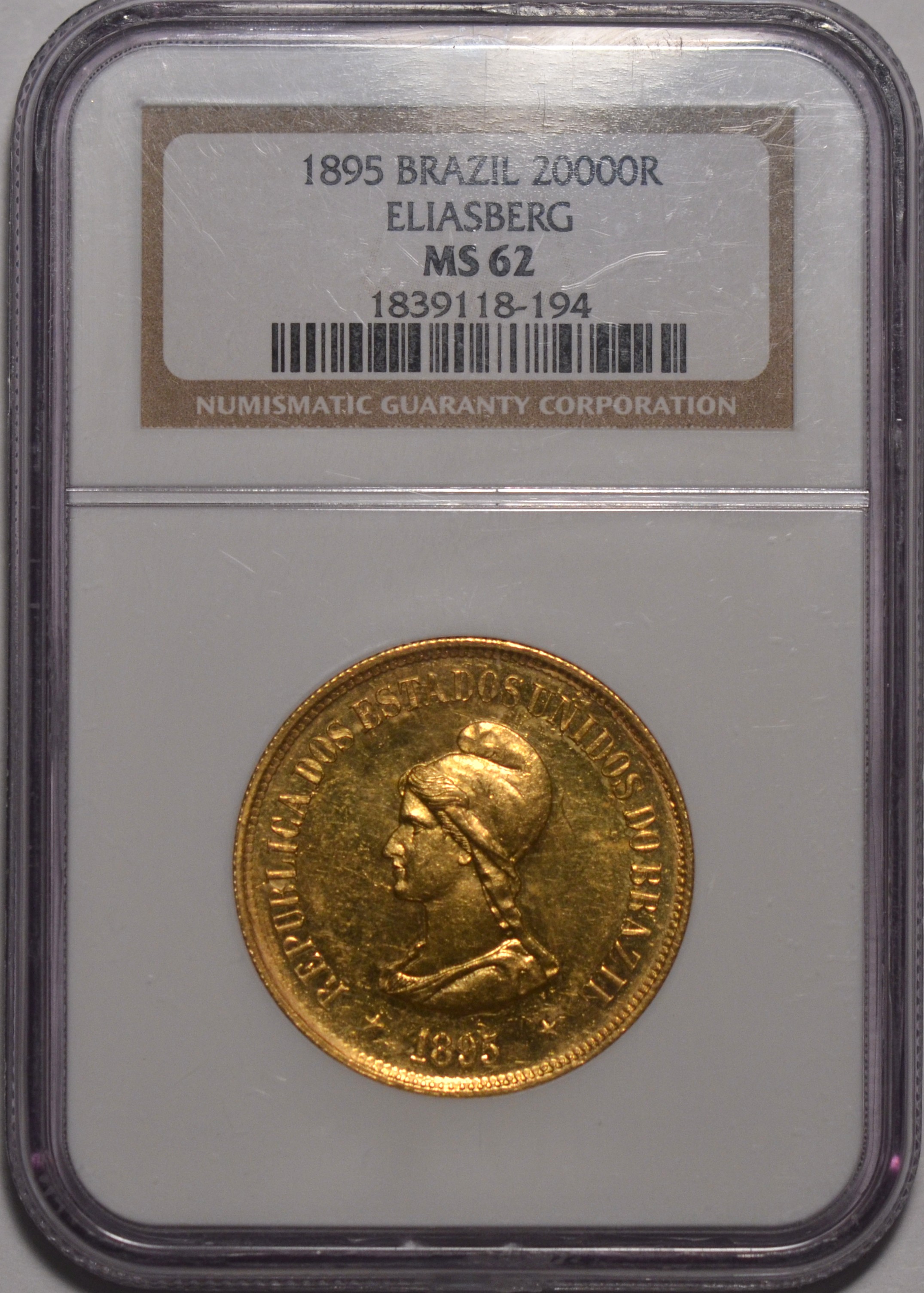 1895 Brazil 20000R NGC MS62 Eliasberg
